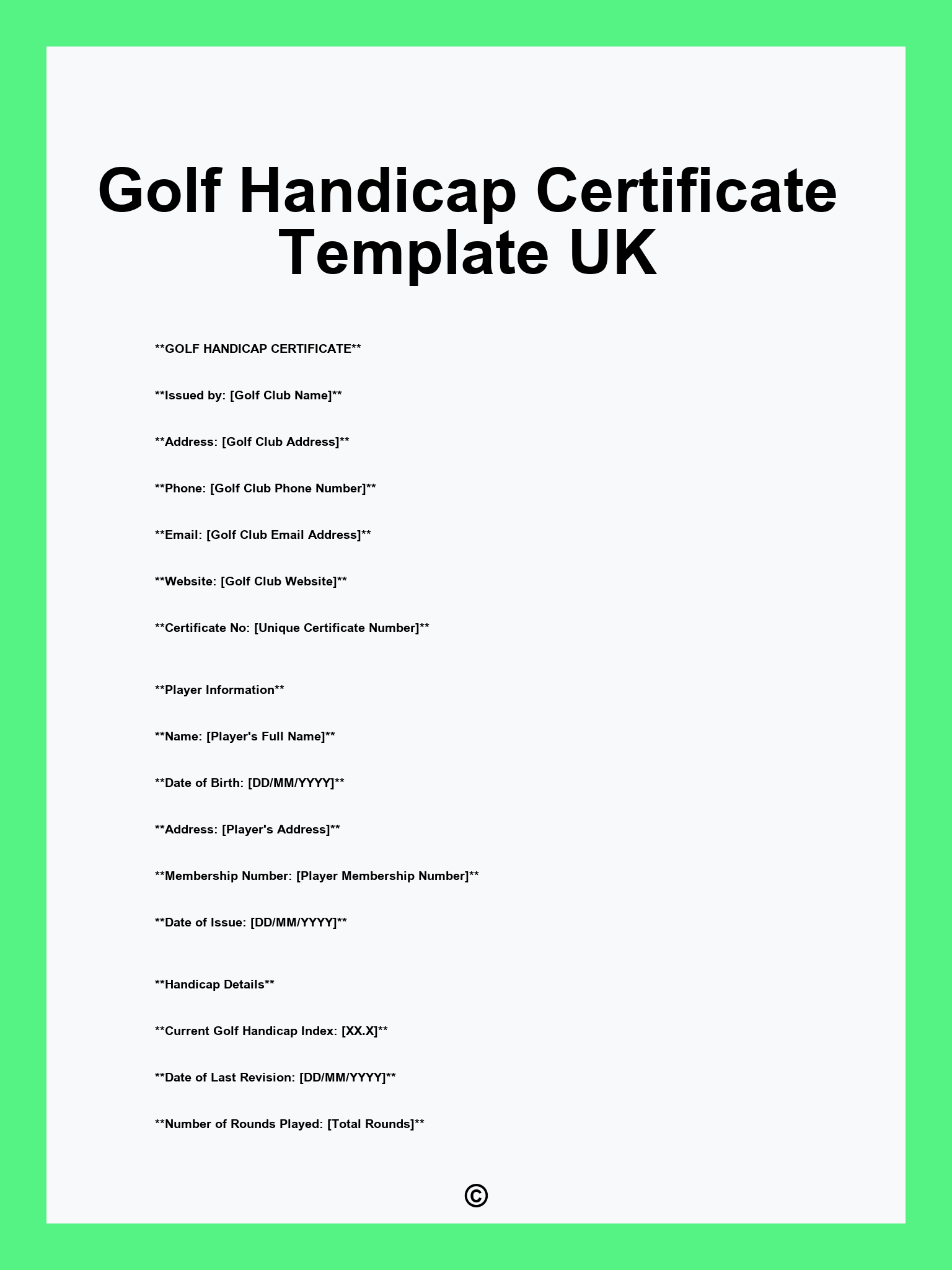 Golf Handicap Certificate Template UK